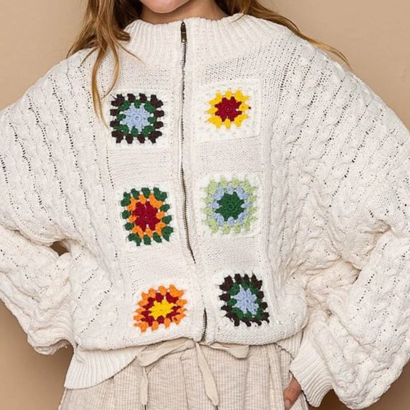 POL | Sweaters | Pol Powder Cream High Neck Granny Squares Patches ...